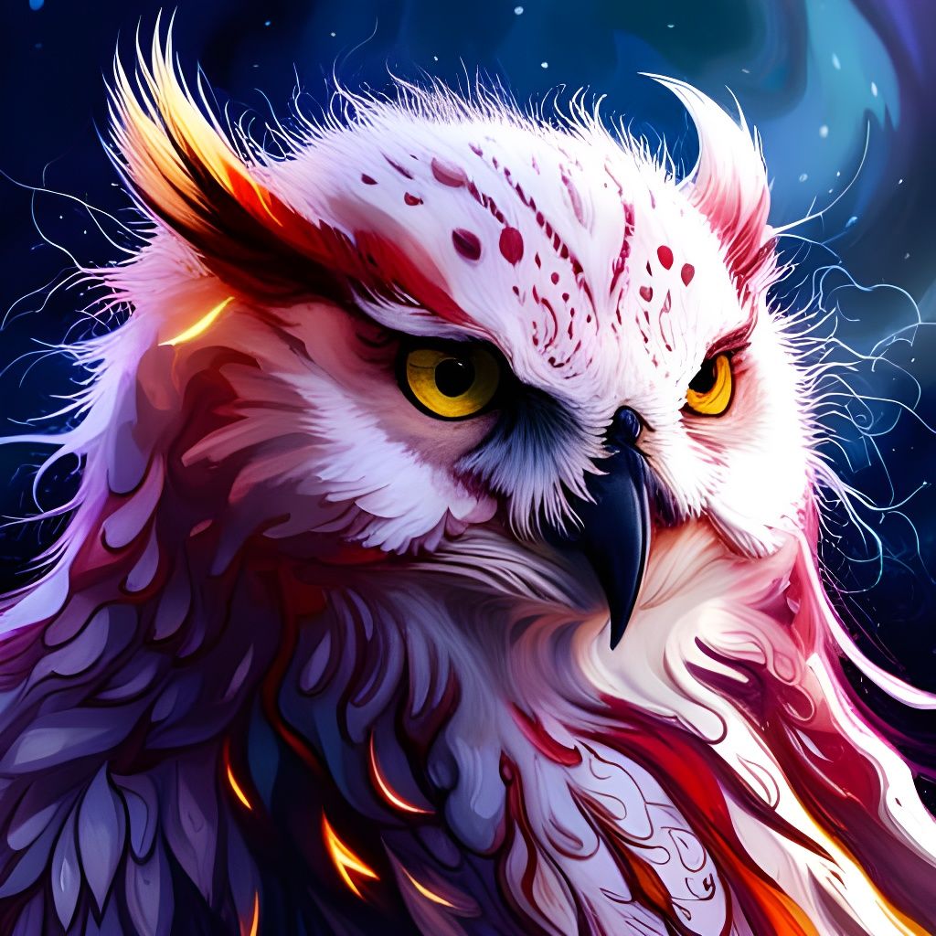 "centered close-up fire owl!!! Flames, sparks, backlit, epic, colorful ...