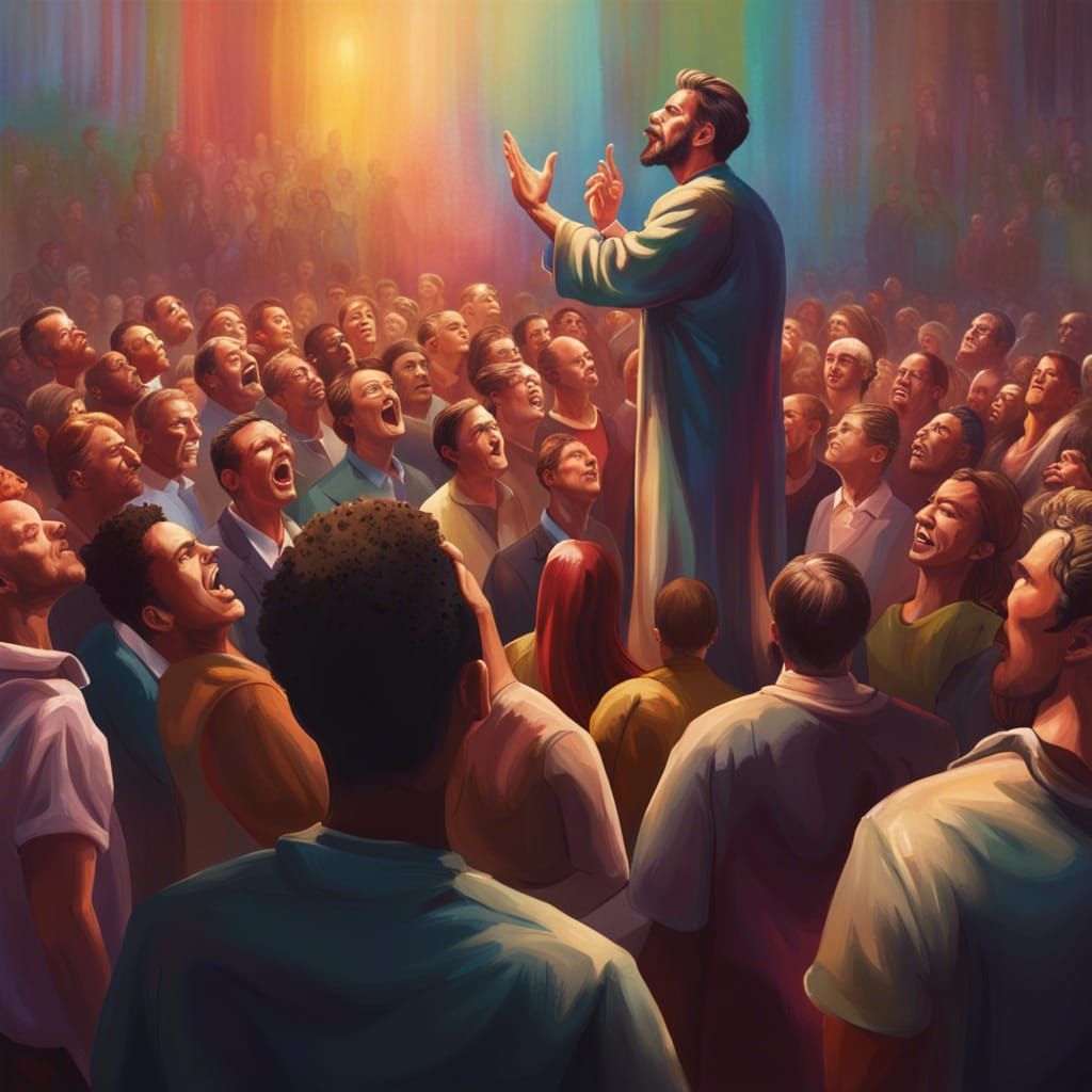 man preaching the word to a large crowd of people - AI Generated ...