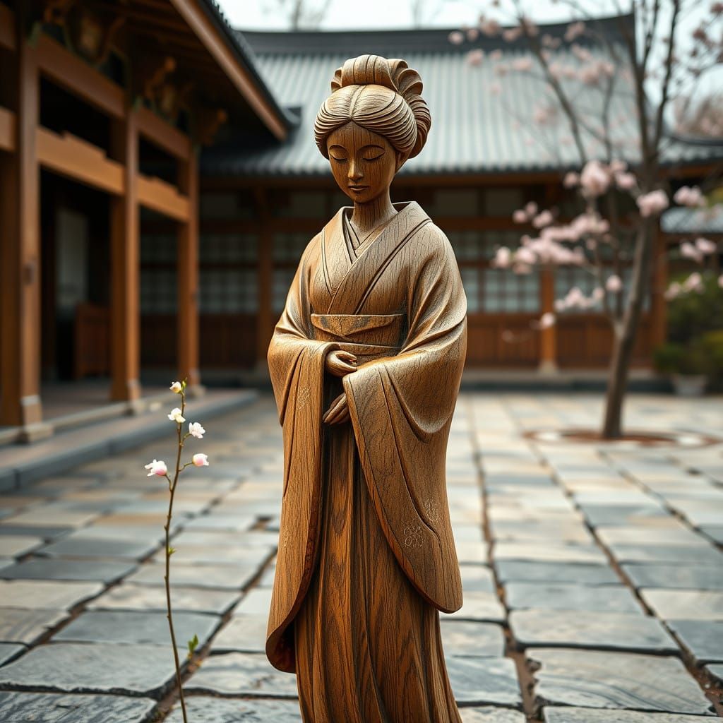 Surreal Wooden Geisha Statue in Traditional Japane... - AI Art