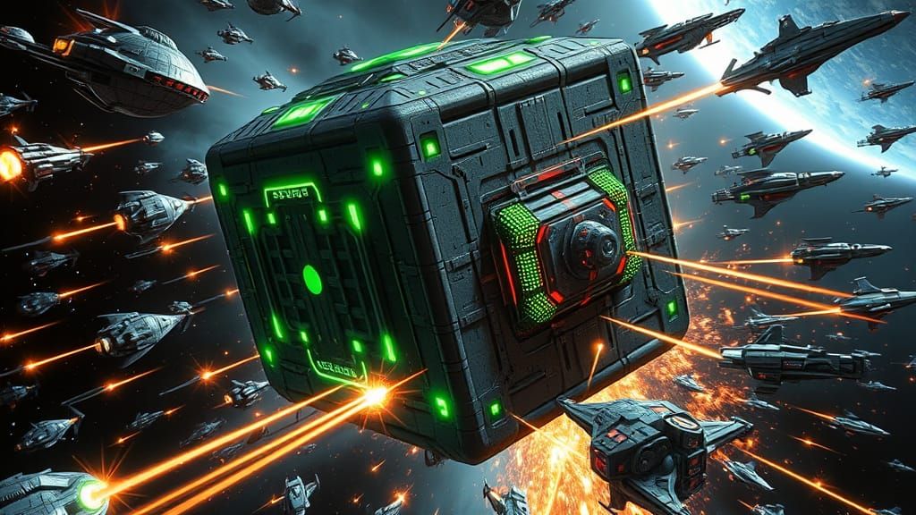 Ominous Cyberpunk Borg Cube Engages Space Battle - AI Art