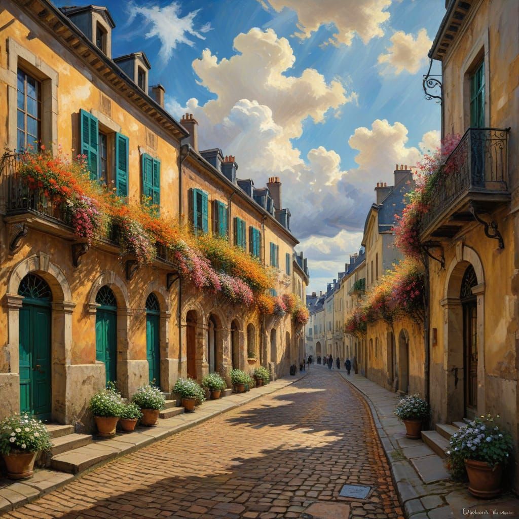 casas con flores - Vibrant Neo-Impressionist Townscape with ...