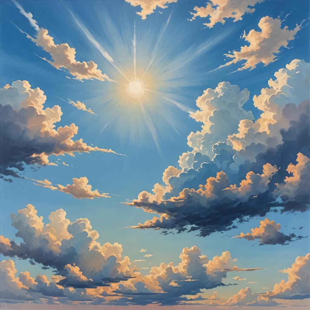 album cover, Blue Yonder, light blue sky background ombré, sky full of clouds, on the horizon ...