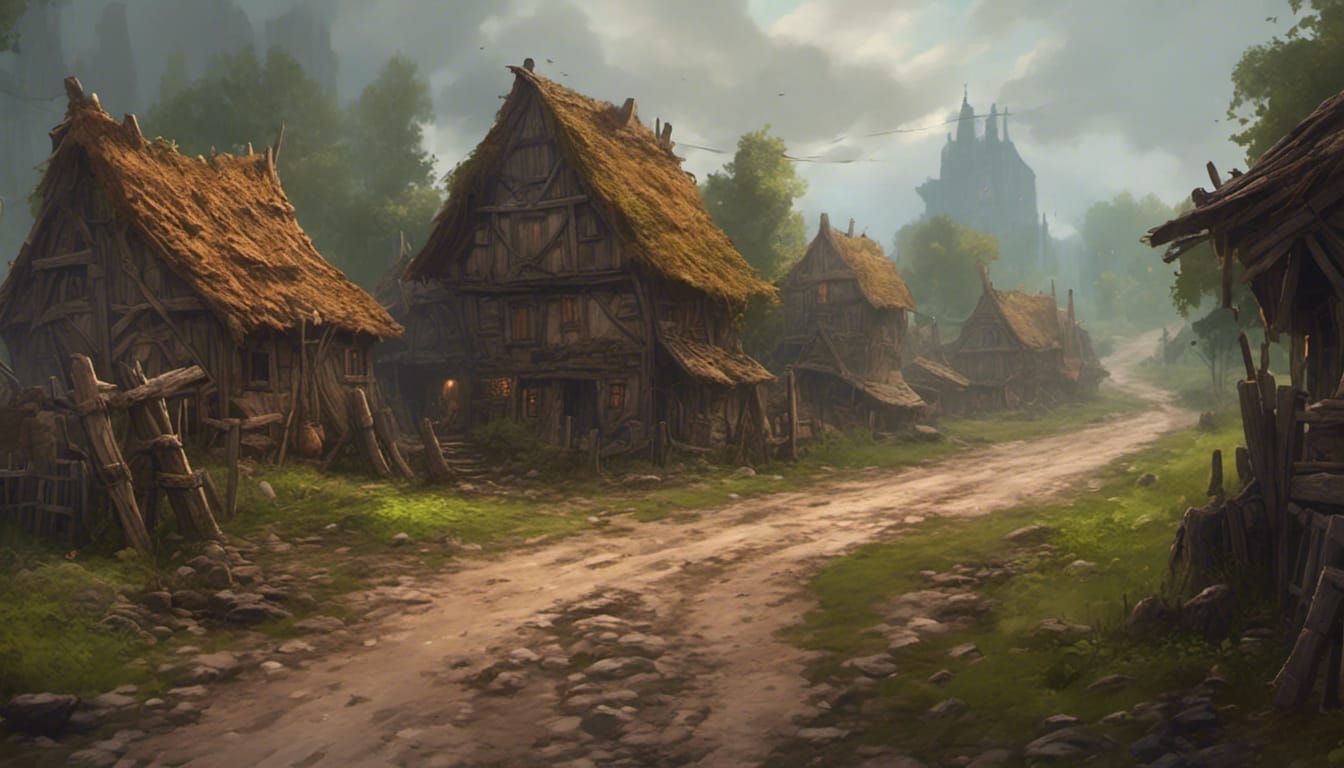 A muddy road in a small fantasy farming village. In the style of - AI ...