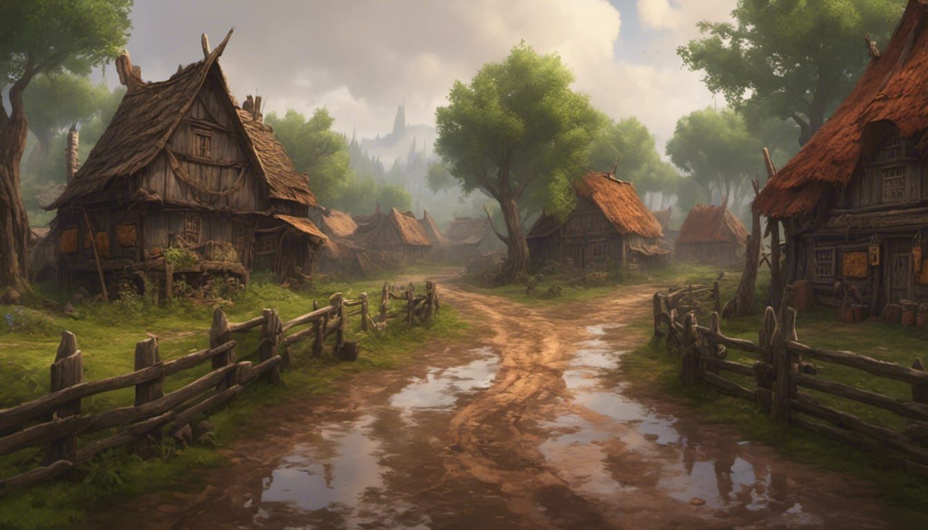 A muddy road in a small fantasy farming village. In the style of - AI Generated Artwork ...