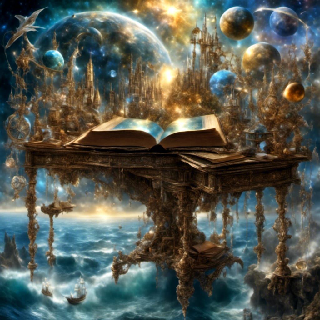 a beautiful fantastical desk with different magical books containing ...