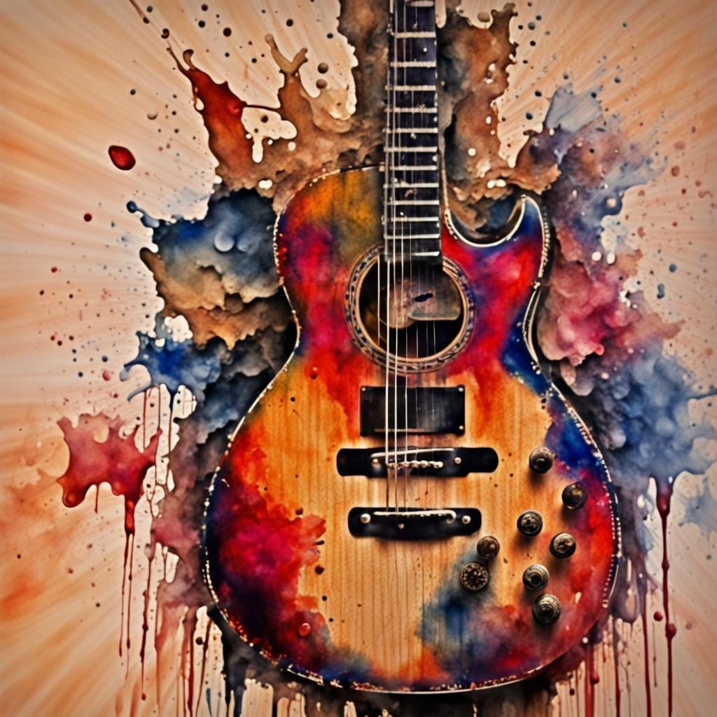 Old wooden guitar water color running, splashing, and blurring ...