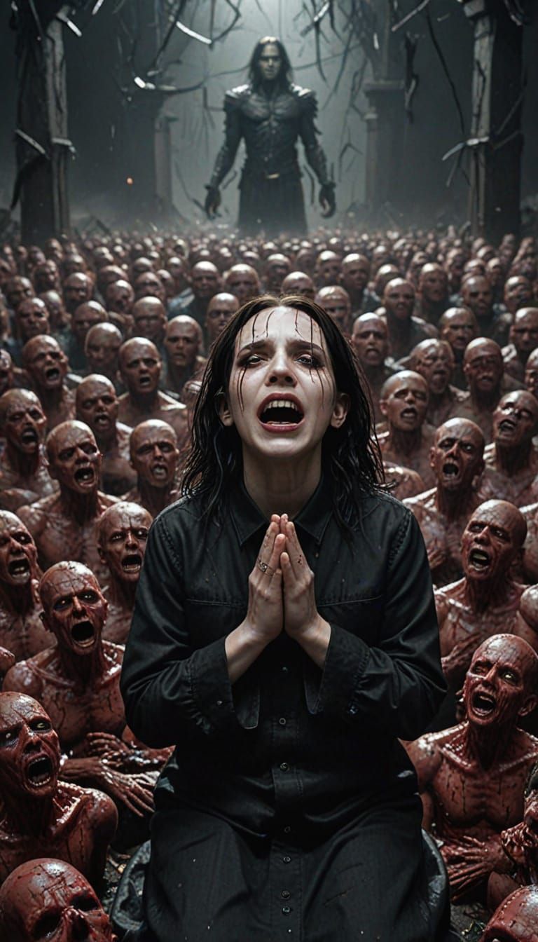 A massive crowd with their eyelids sewn shut with golden thread ...