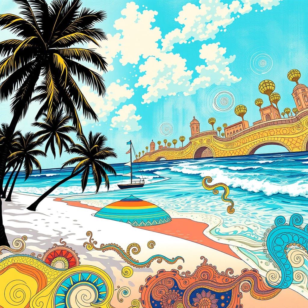Surreal Beachscape with Zentangle Patterns in Vibr... - AI Art