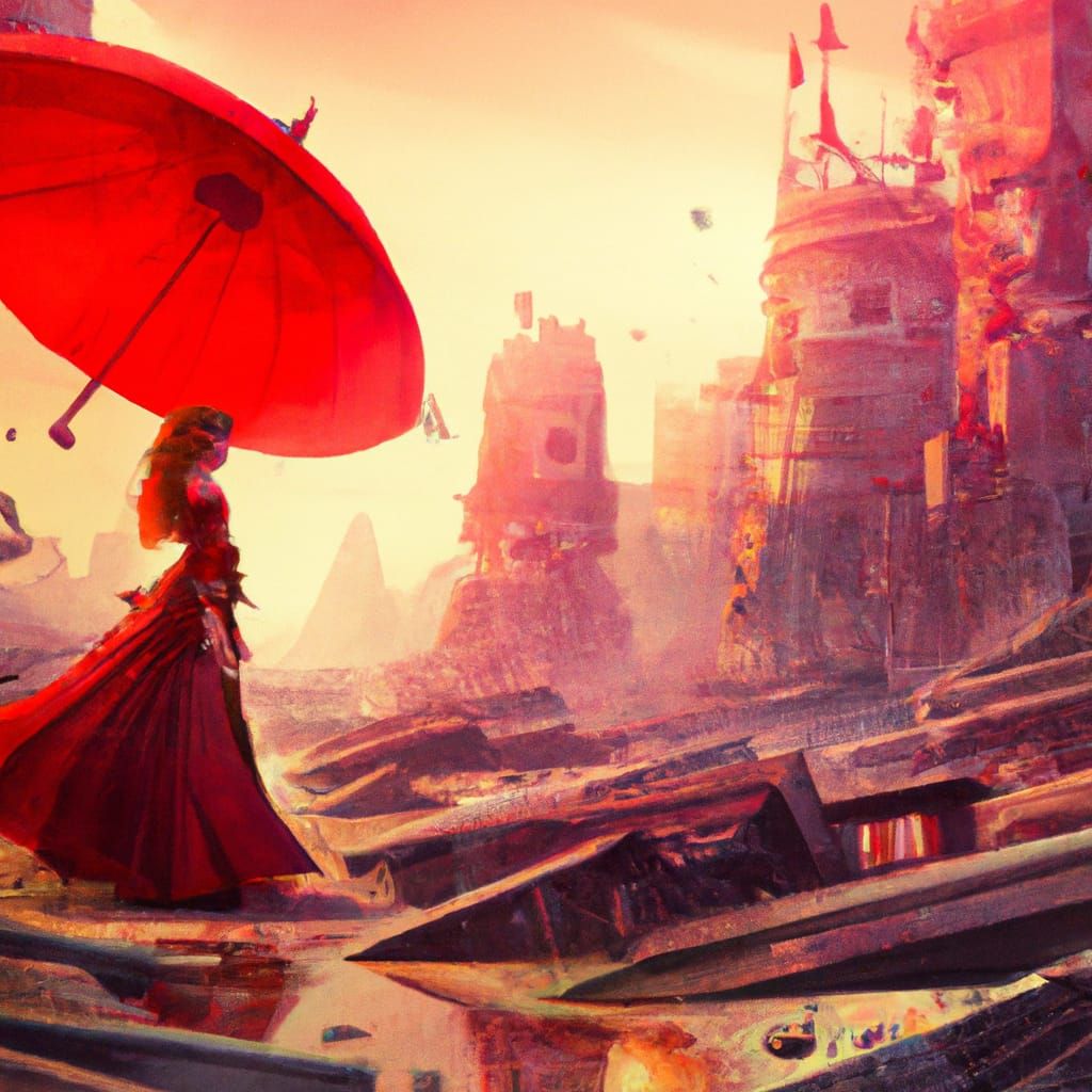 Woman walking with an umbrella. Her dress is red and elegant. The ...