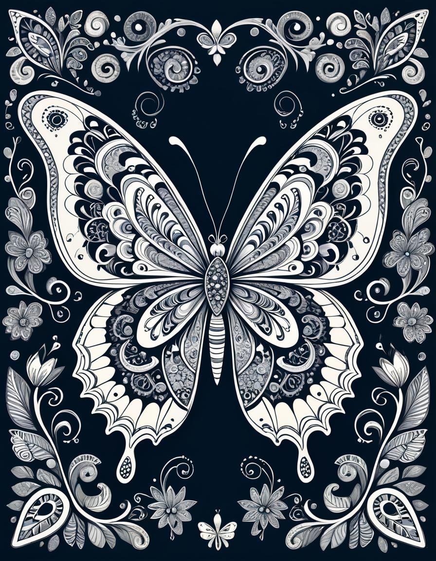 "monochromatic, hand-drawn illustration of a butterfly in a doodle ...