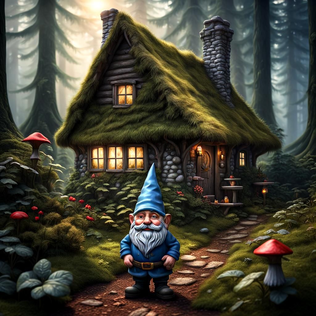 a gnome in the forest by a cottage intricate details, HDR, beautifully ...