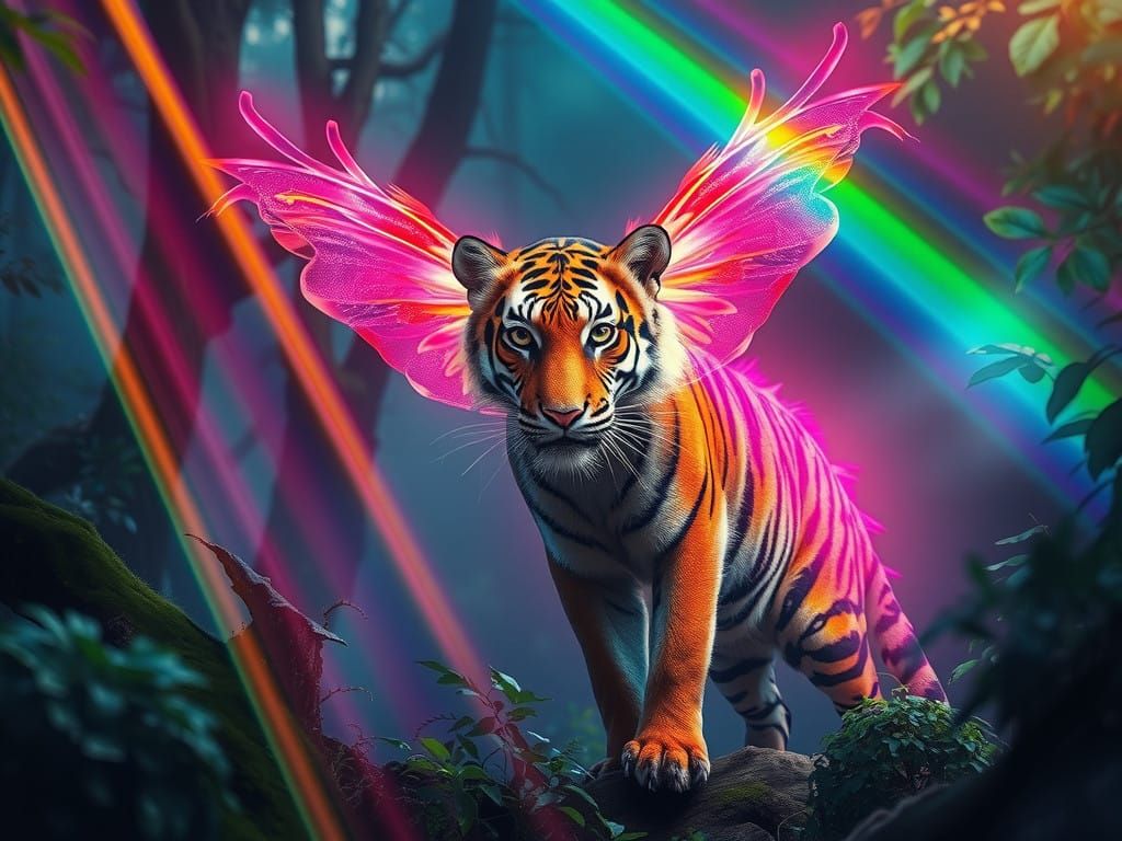Majestic Fairy Dragon Tiger Amidst Prismatic Rainb... - AI Art