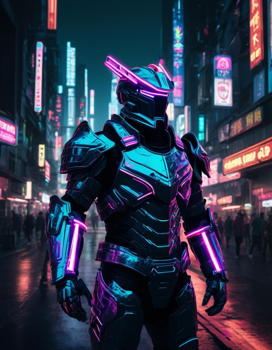 Neon lights armor in neon city - AI Generated Artwork - NightCafe Creator
