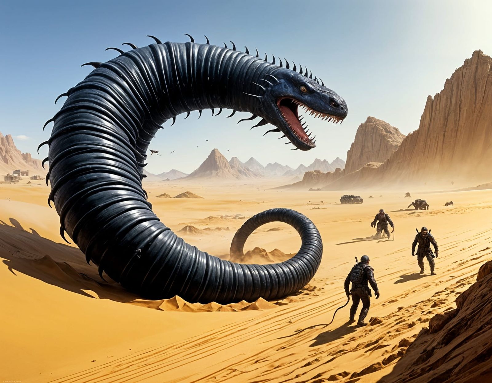 Nomads vs Giant Black Worm in Dynamic Gobi Desert ... - AI Art