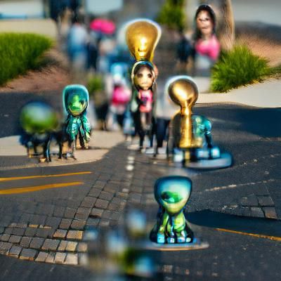 a group of bobble head aliens walking the middle of a busy street ...