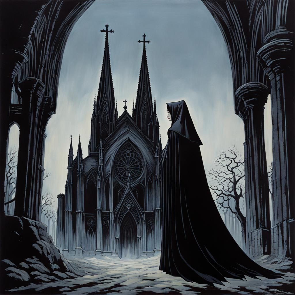 VAMPIRE nun, sinister GOTHIC cathedral, atmospheric HORROR, acrylic ...