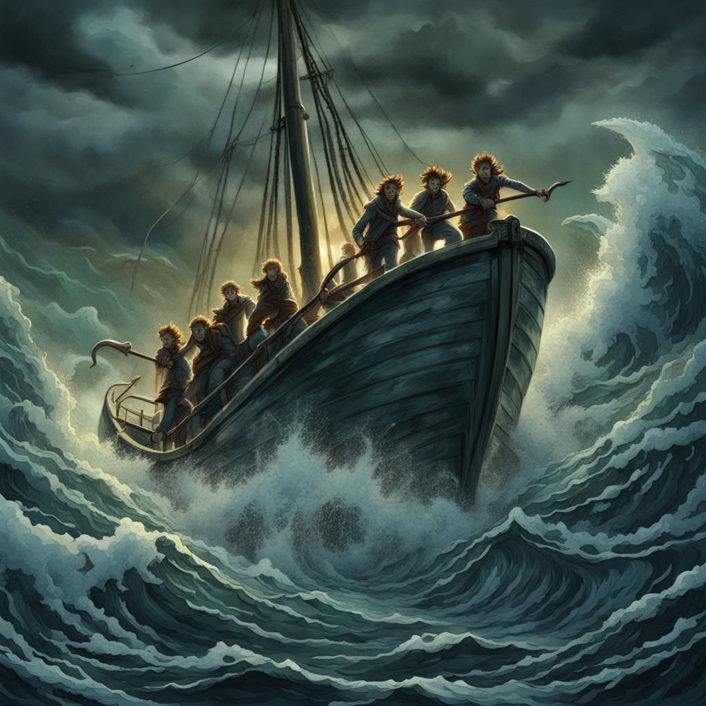 young adventurers on an unstable boat battling colossal ocean waves ...