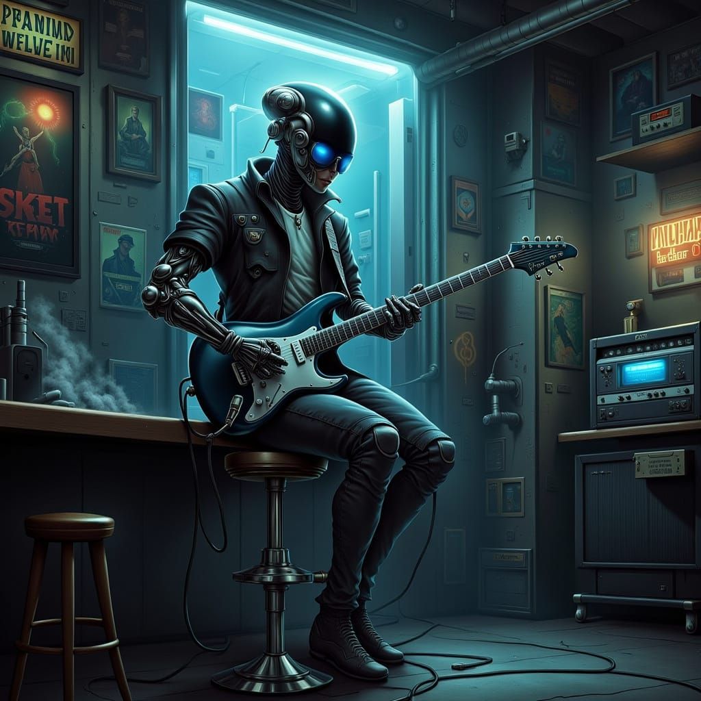 Robot Rockstar in Neon-Lit Blues Bar - AI Art
