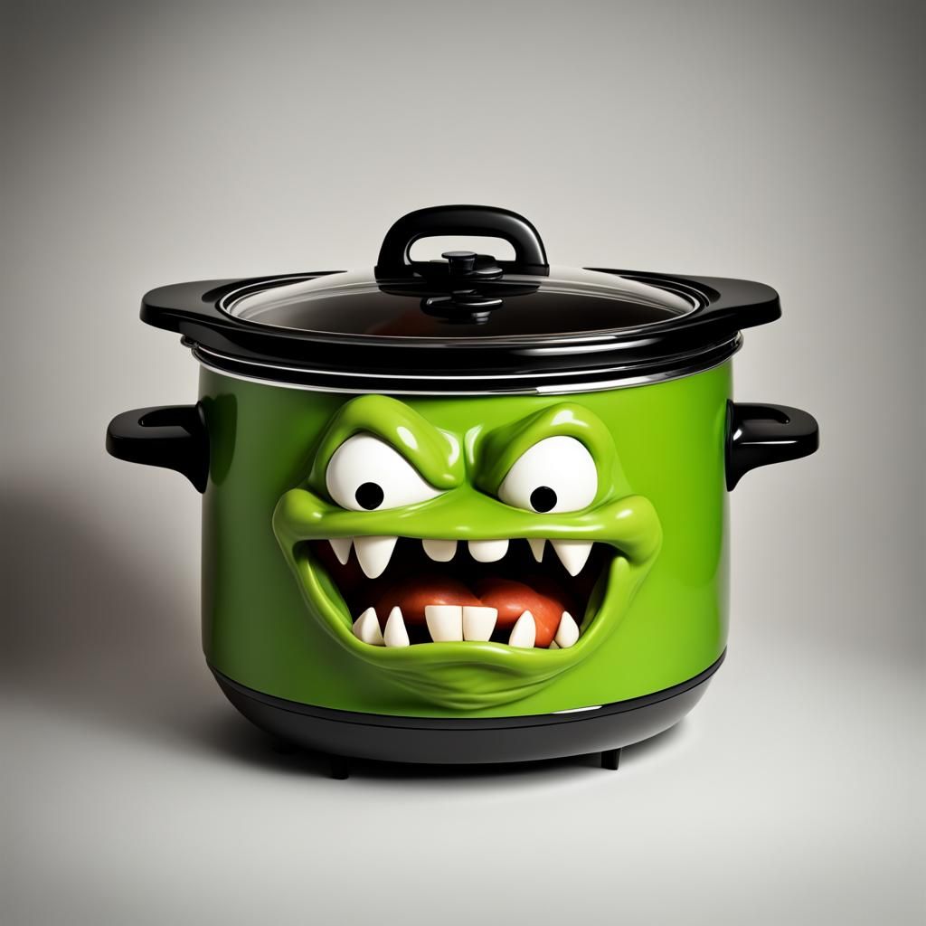 Angry crock pot with a scary face, 64k resolution, a masterpiece, 75mm ...
