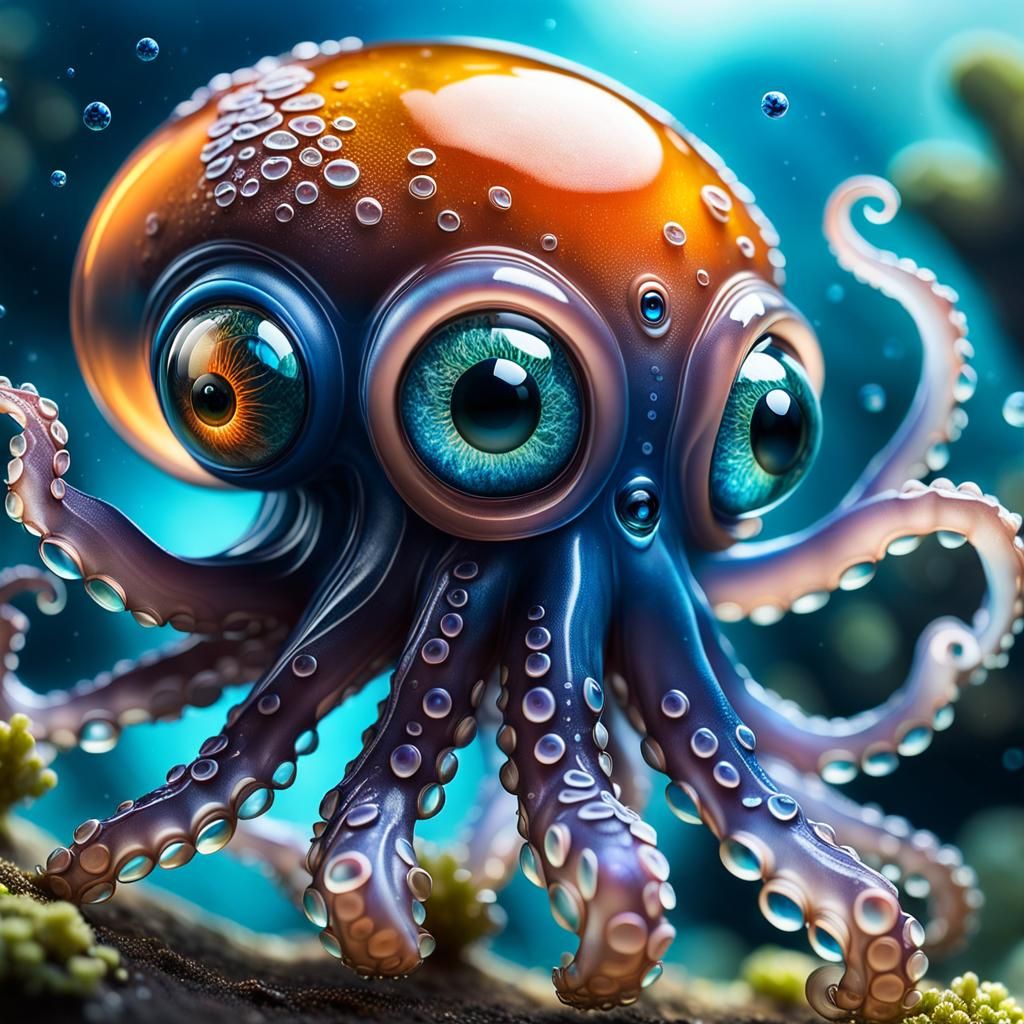 micro cute big eyes translucent octopus droids. nature from Space ...