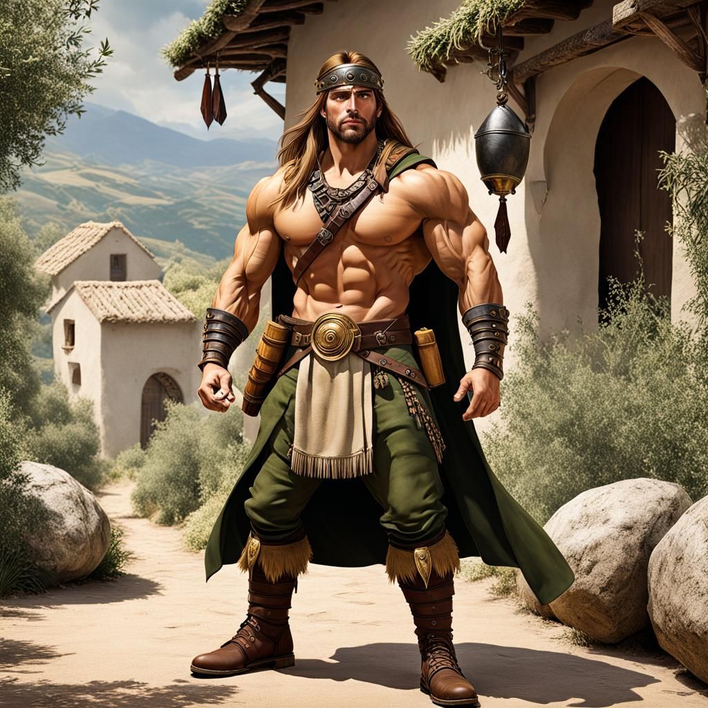 Battle Shaman, Iron Cap, Boots, Buff, 33 year old man, minimal, leather ...