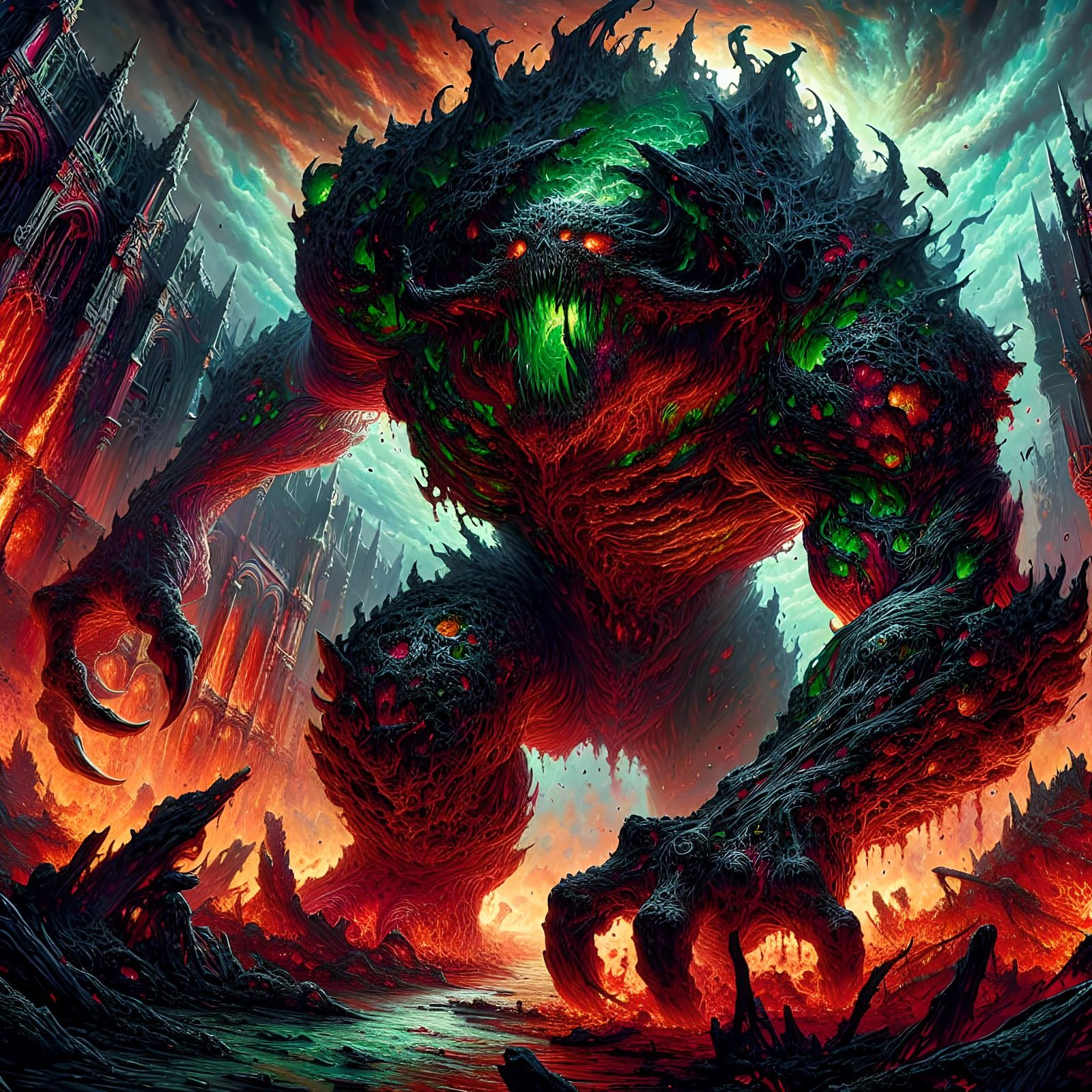 terrible mutated battle creature trampling the burning city, detailed ...