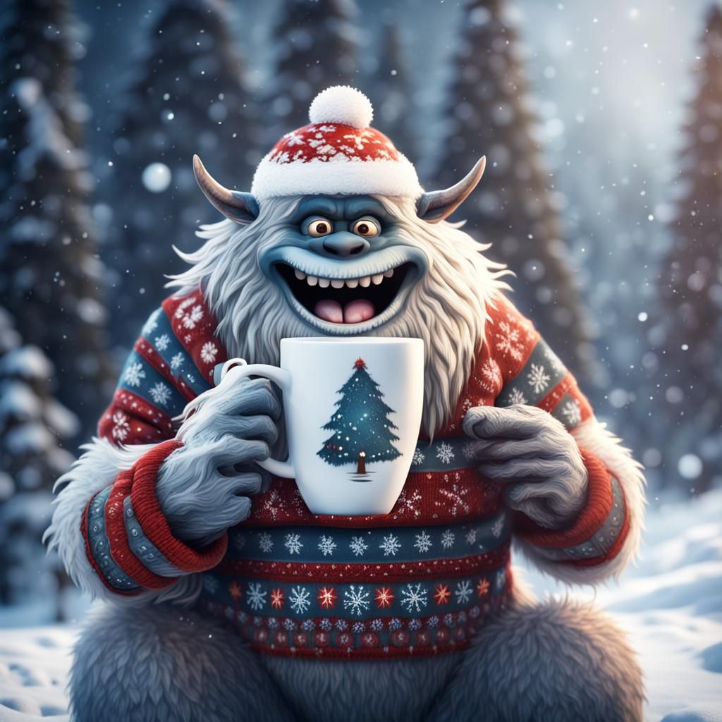 a Yeti in the snow smiling with a tacky christmas sweater and holding a ...