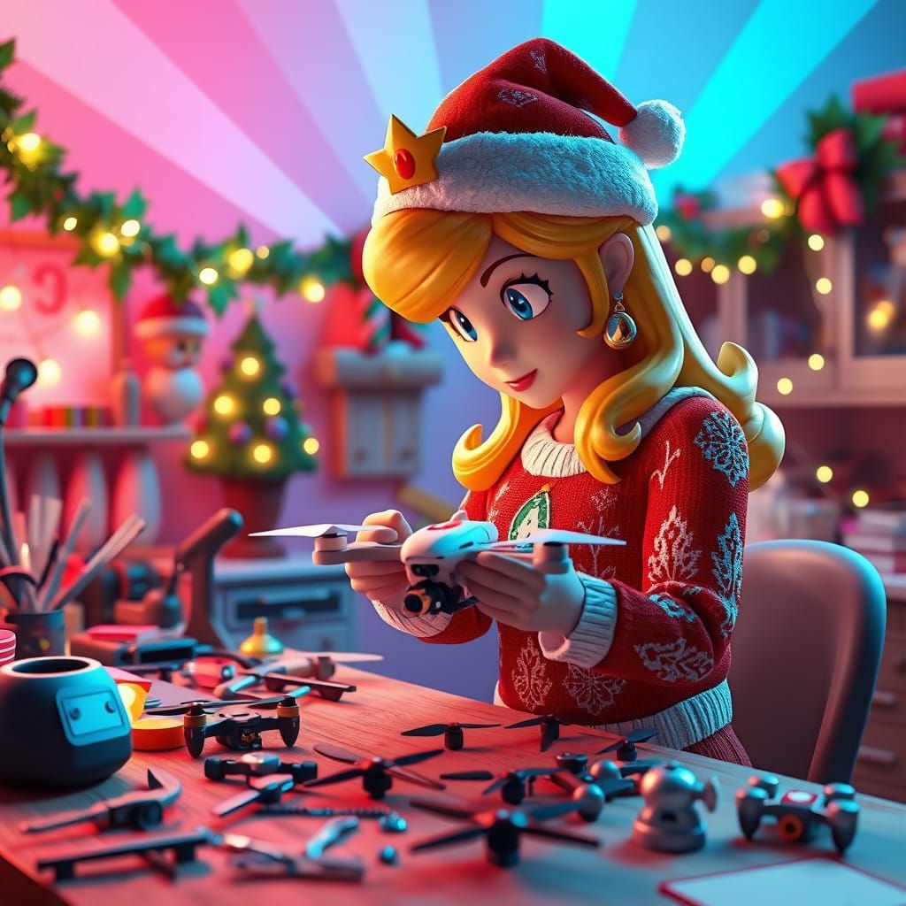 Princess Peach Builds a Miniature Drone in Festive... - AI Art