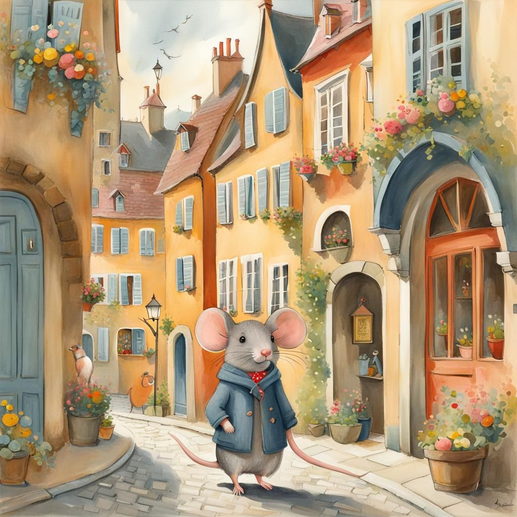 Whimsical cute mouse in traveling clothes walking through a quaint ...