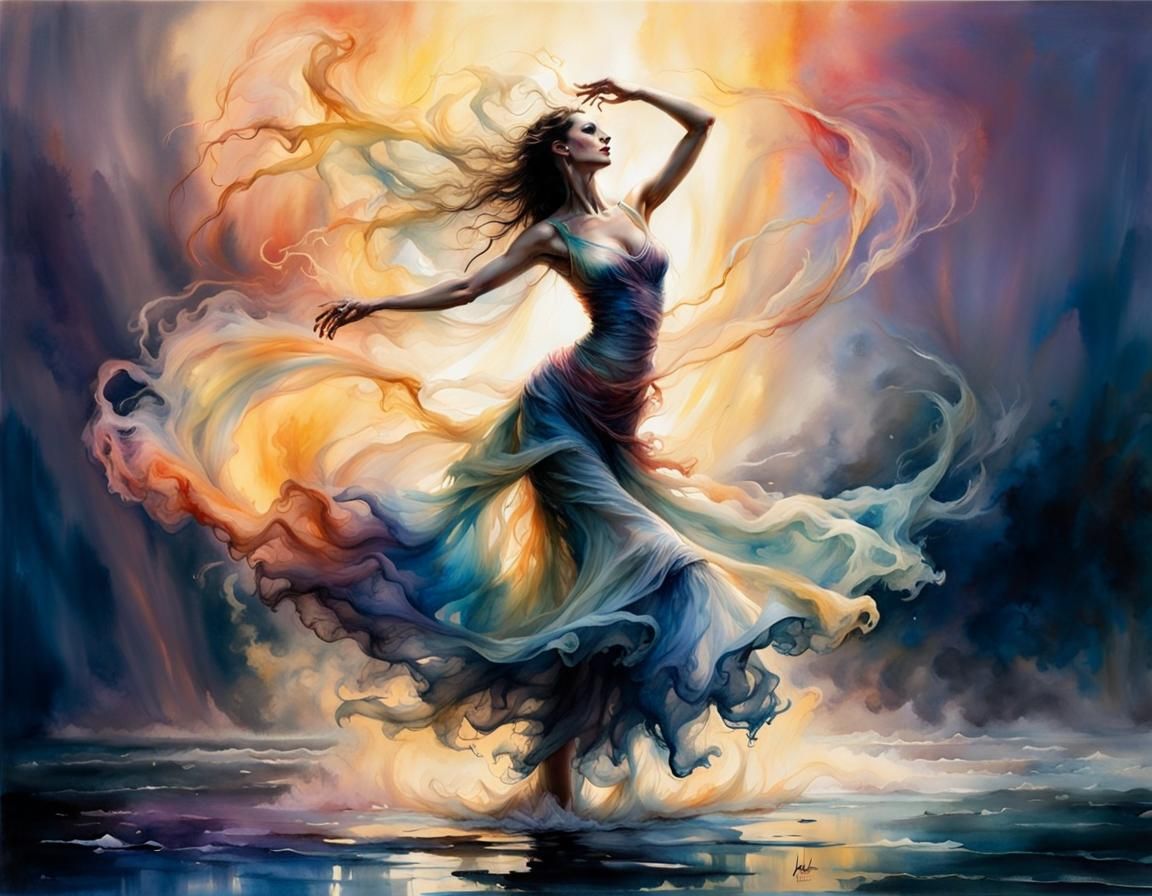 Dancing swirling spinning on water in a widely flaring flowing layered ...