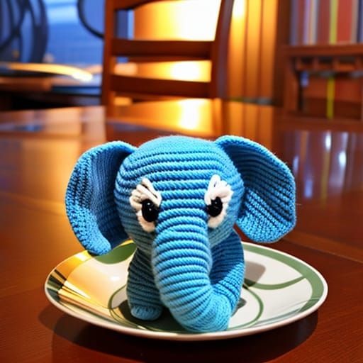 cute blue elephant made up of yarn on a saucer - AI Generated Artwork ...
