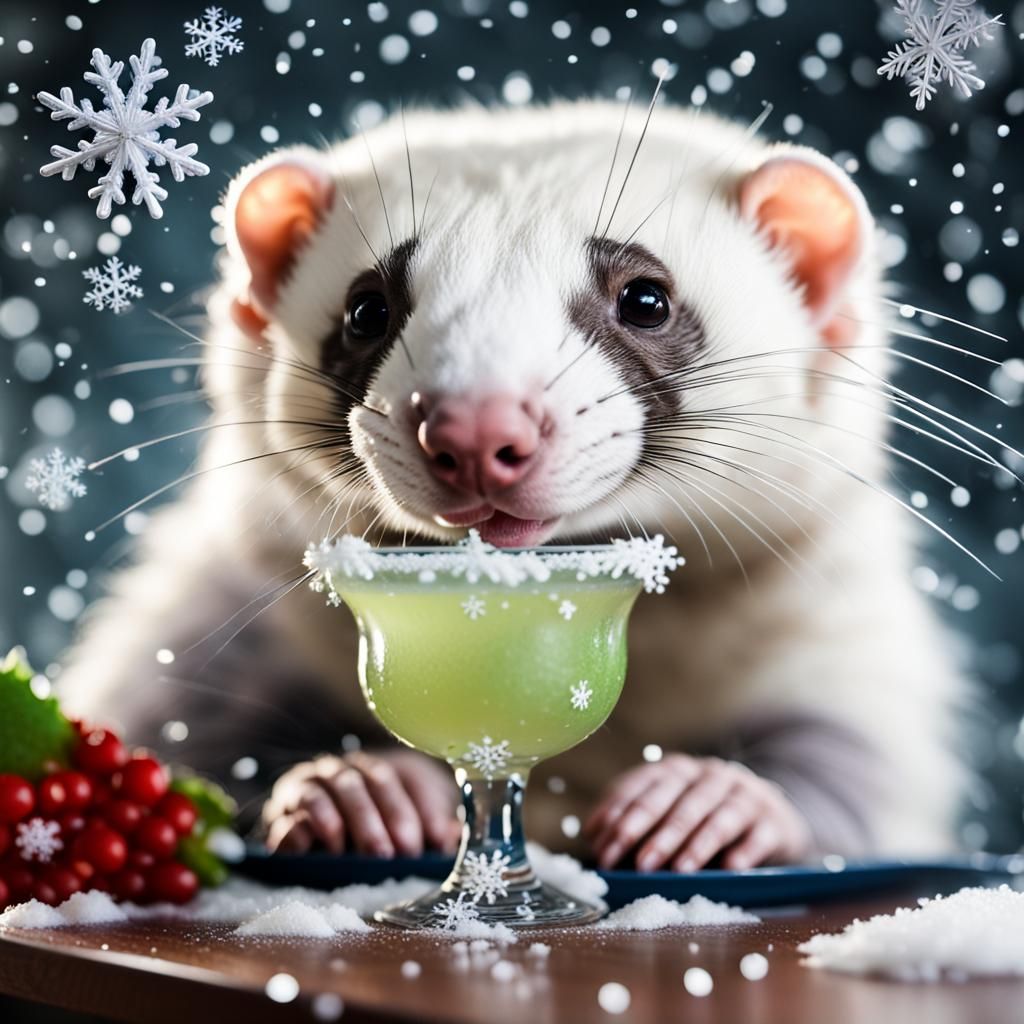 ferret drinking a margarita with snowflakes coming down - AI Generated ...
