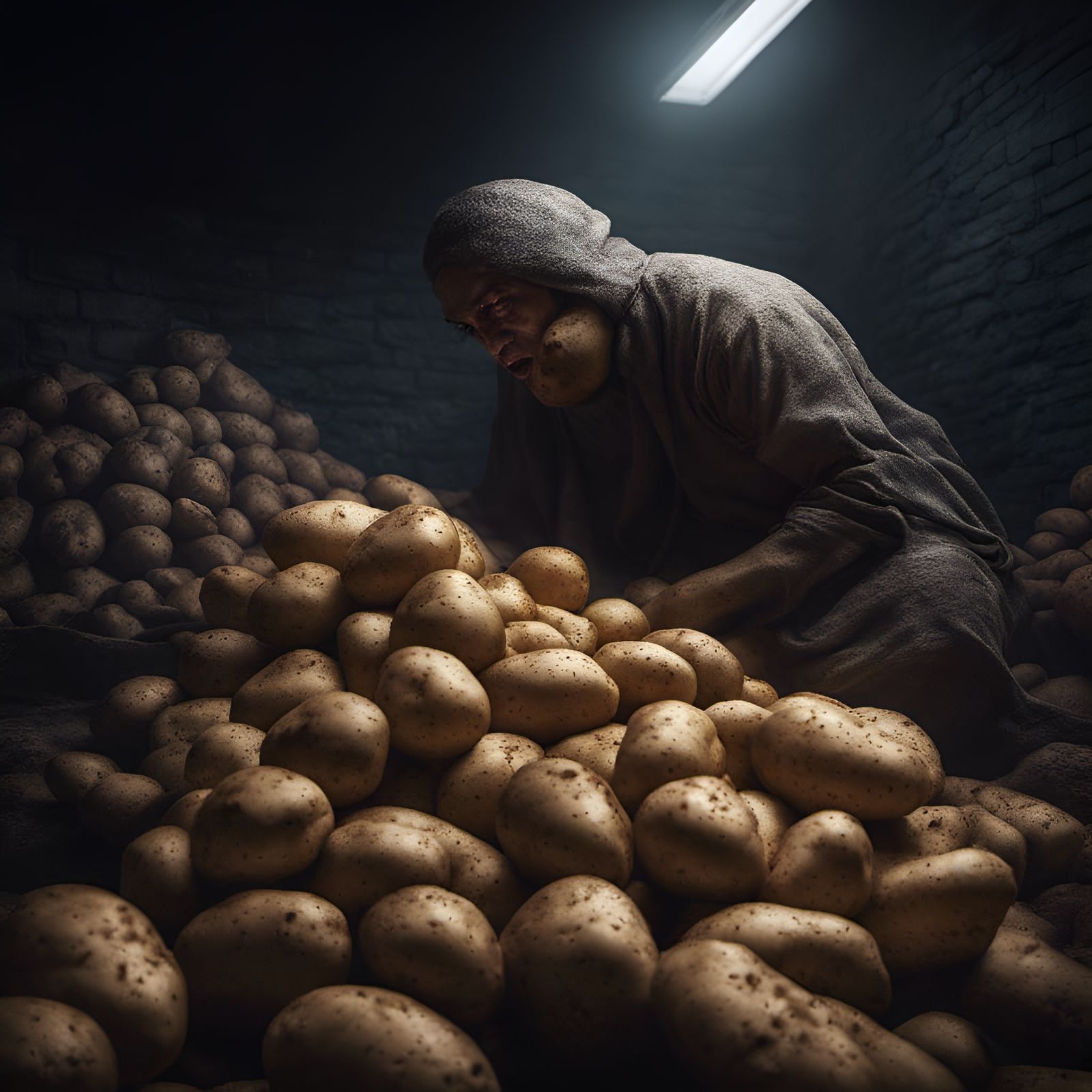 Giant pile of photorealistic potatoes in brick room in darkness ...