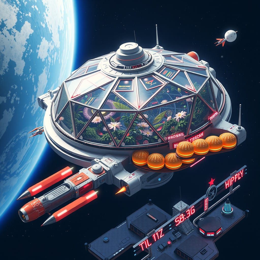 Retro-Futuristic Space Station with Glass Biodomes... - AI Art
