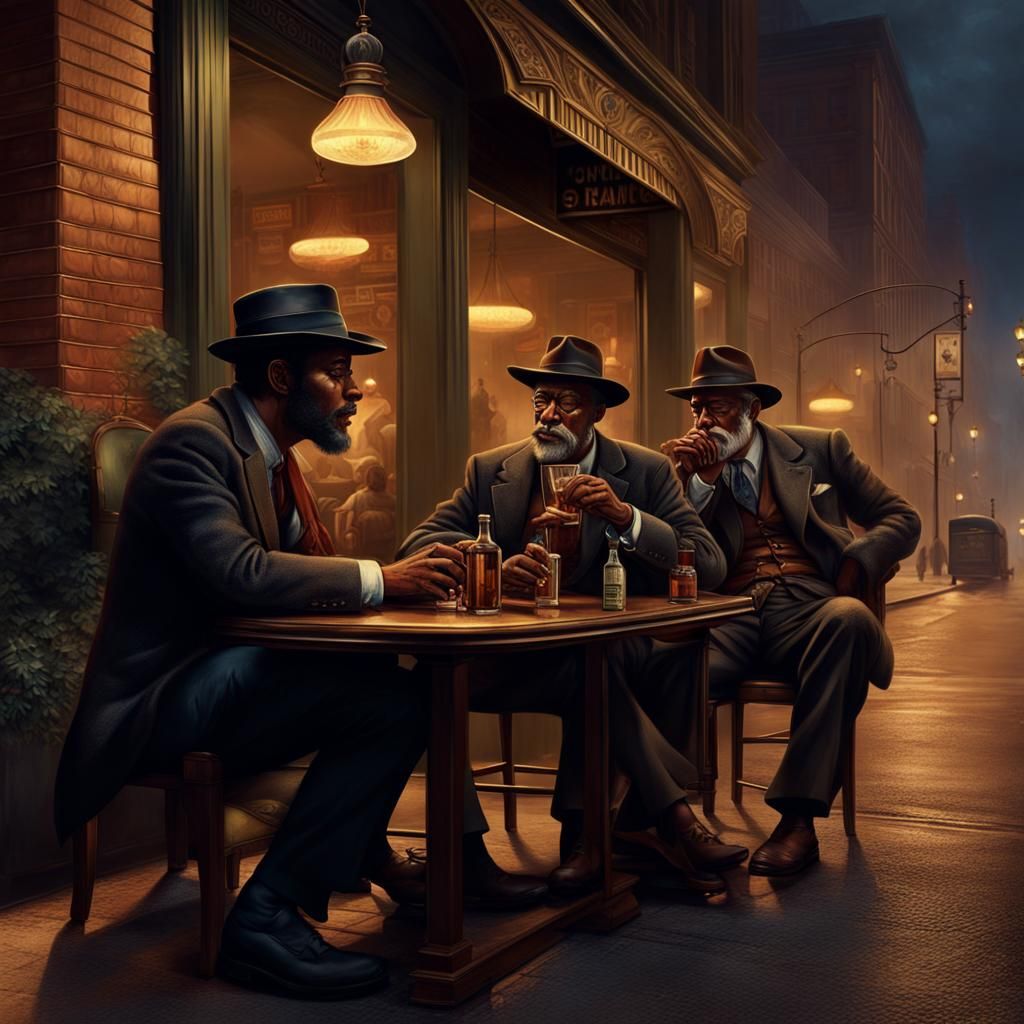 three men drinking spirits and lounging, slightly drunk, on a public ...