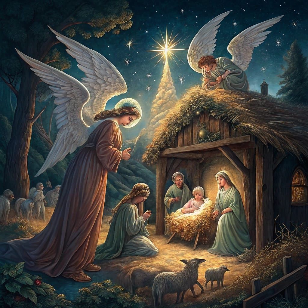 Vibrant 19th Century Nativity Scene with Heavenly ... - AI Art