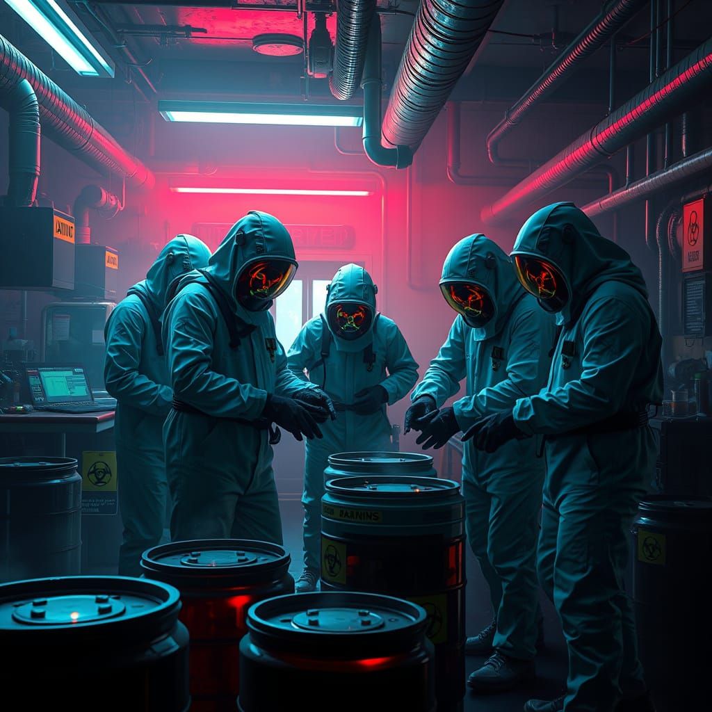 Scientists in Biohazard Suits Handle Glowing Toxic... - AI Art