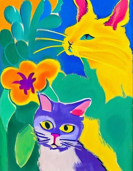 Henri Matisse style, cat and rabbit