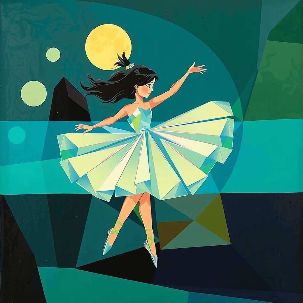Cubist Girl Dances on the Moon in Vibrant Geometri... - AI Art