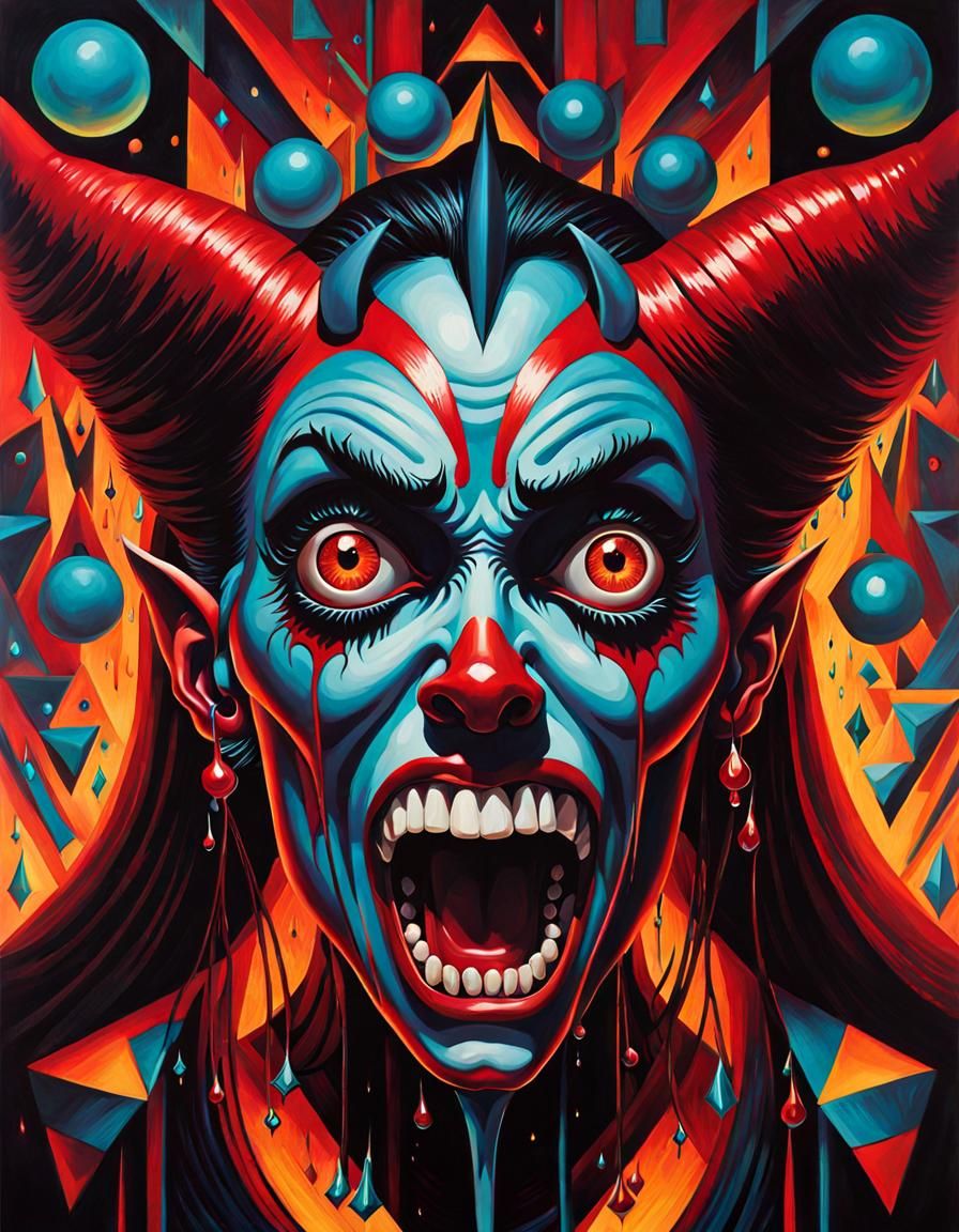 (Hyper detailed artwork of a suffering screaming sad devil girl with ...