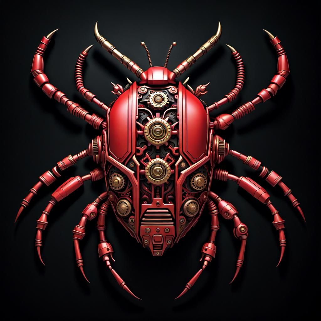 A red mechanical bug on a black background, Aztec patterns, digital art ...
