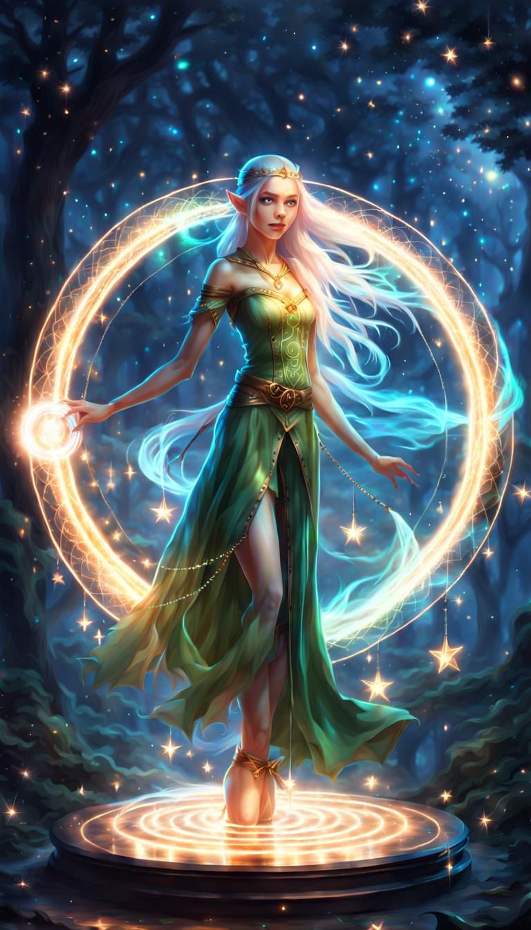 A pretty elf is casting magic, stand on a luminous magic circle, cool ...