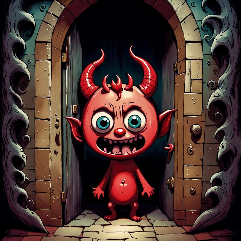 A childish devil entering a fantastical doorway to another dimension ...