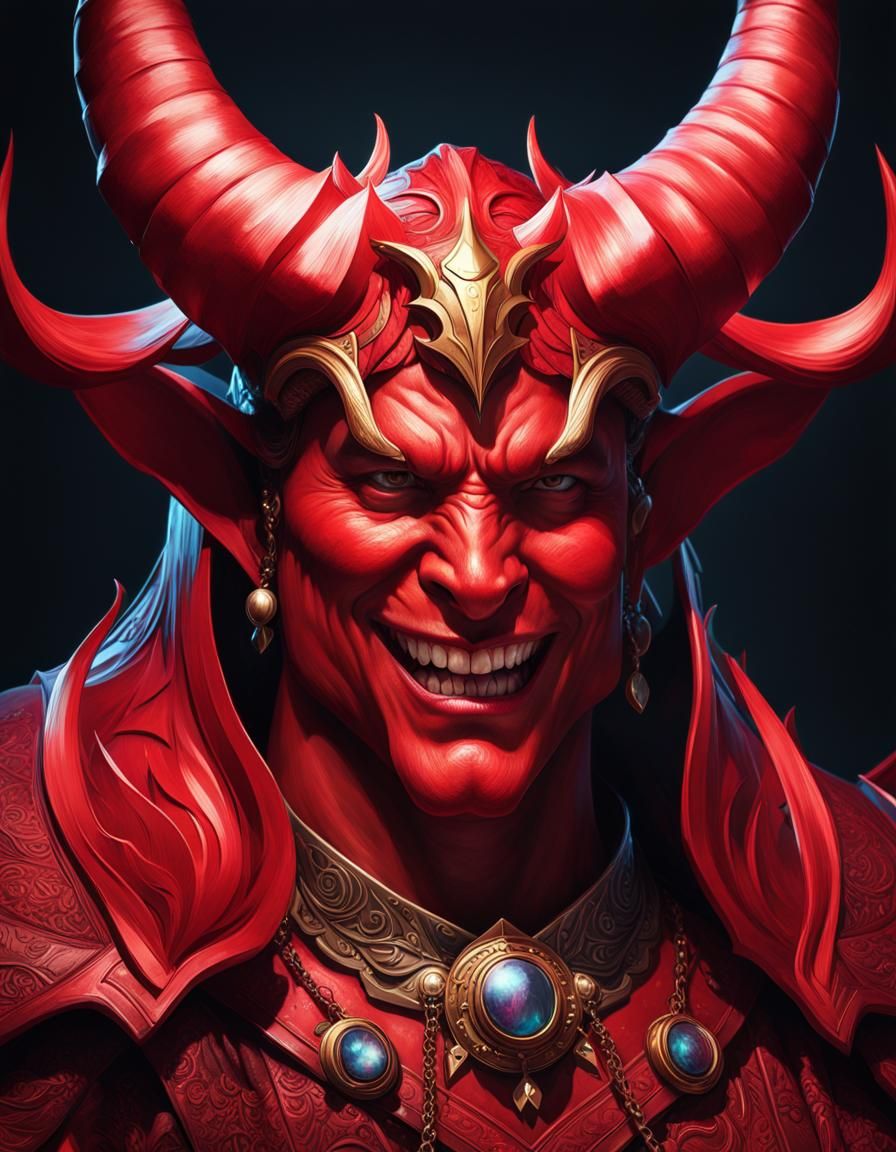 image of the devil laughing. A headshot, red skin, horns, etc. head and ...