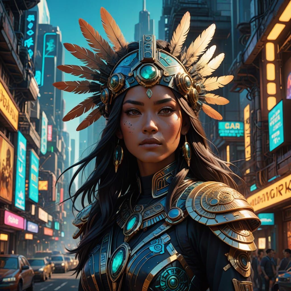 Aztec Goddess of the Future in Neon Cityscape - AI Art