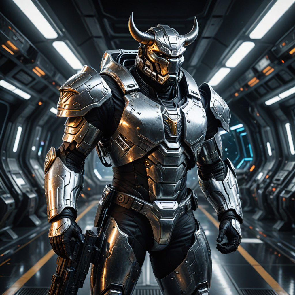 A realistic, full-body sci-fi armored bull warrior, adorned with a ...