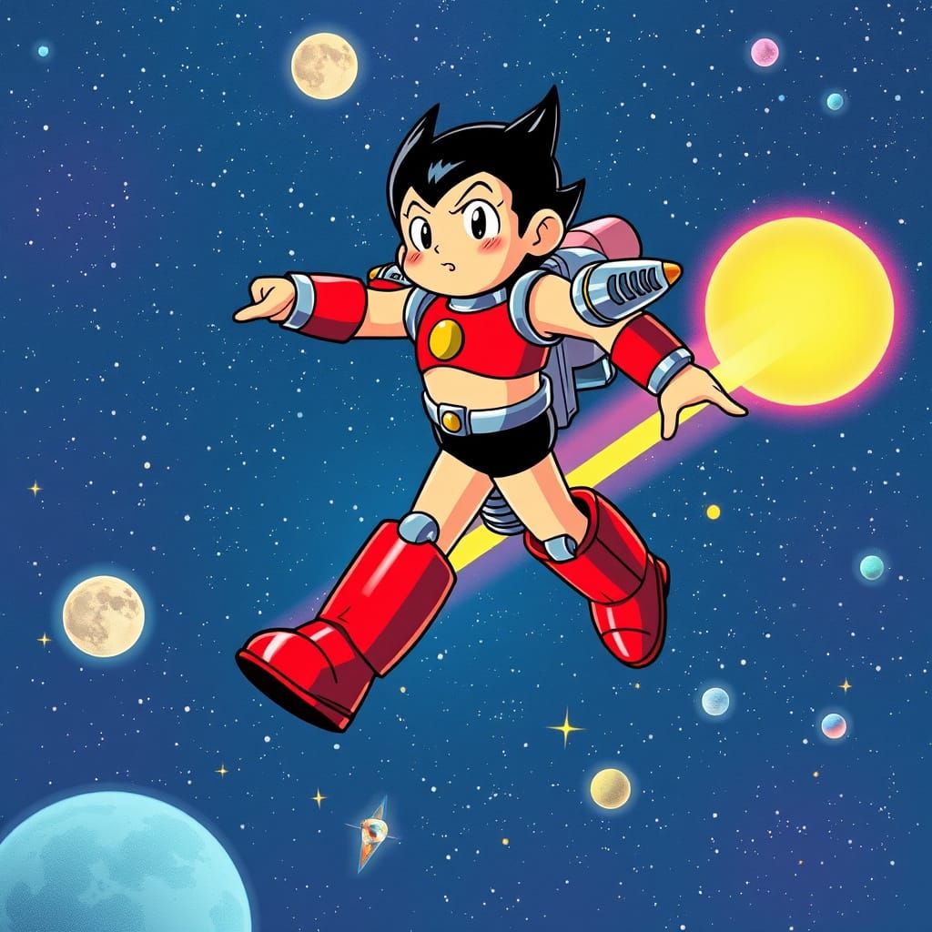 Retro-Futuristic Astro Boy soars through a Star-St... - AI Art