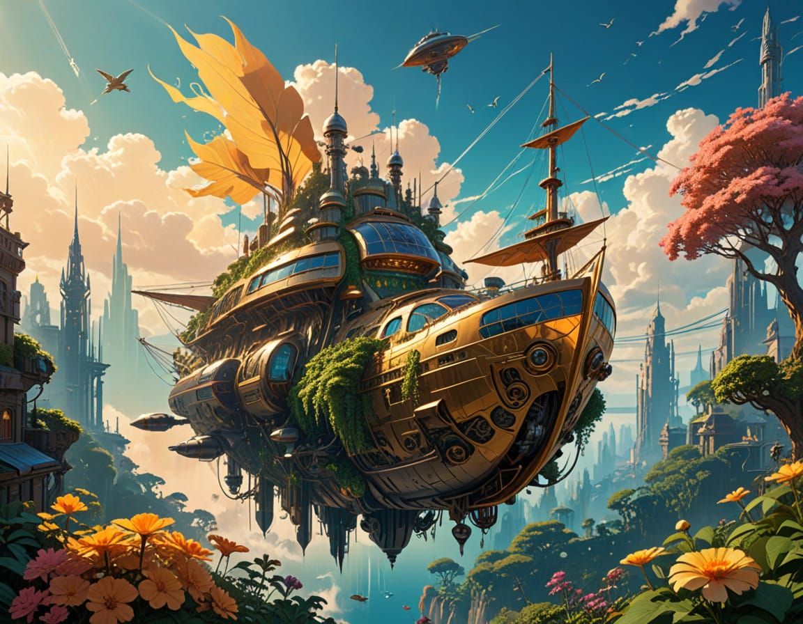 Futuristic Harmony: Solarpunk Cityscape with Flyin... - AI Art