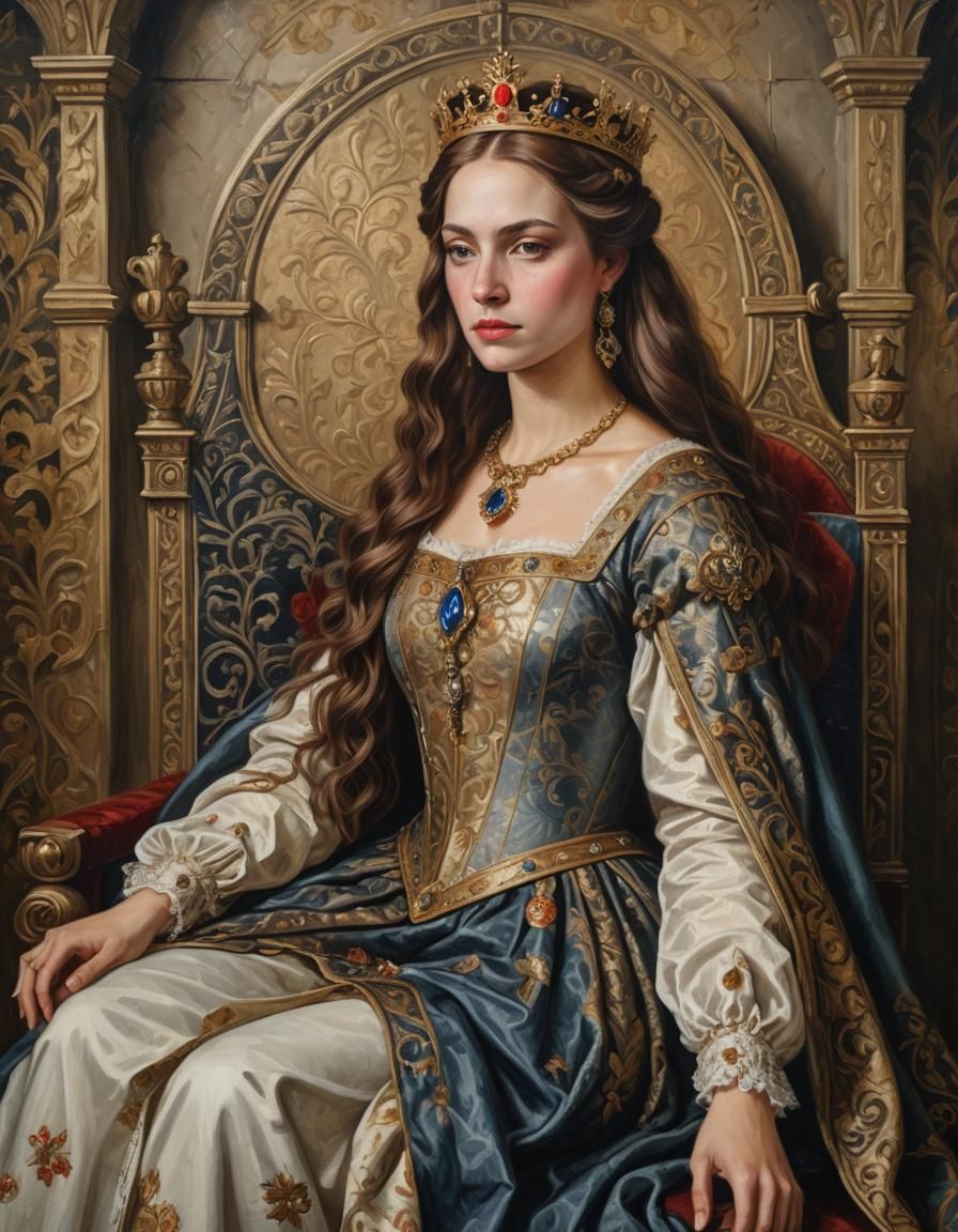 A beautiful young Queen In a medieval dress sitting on a throne, Half ...