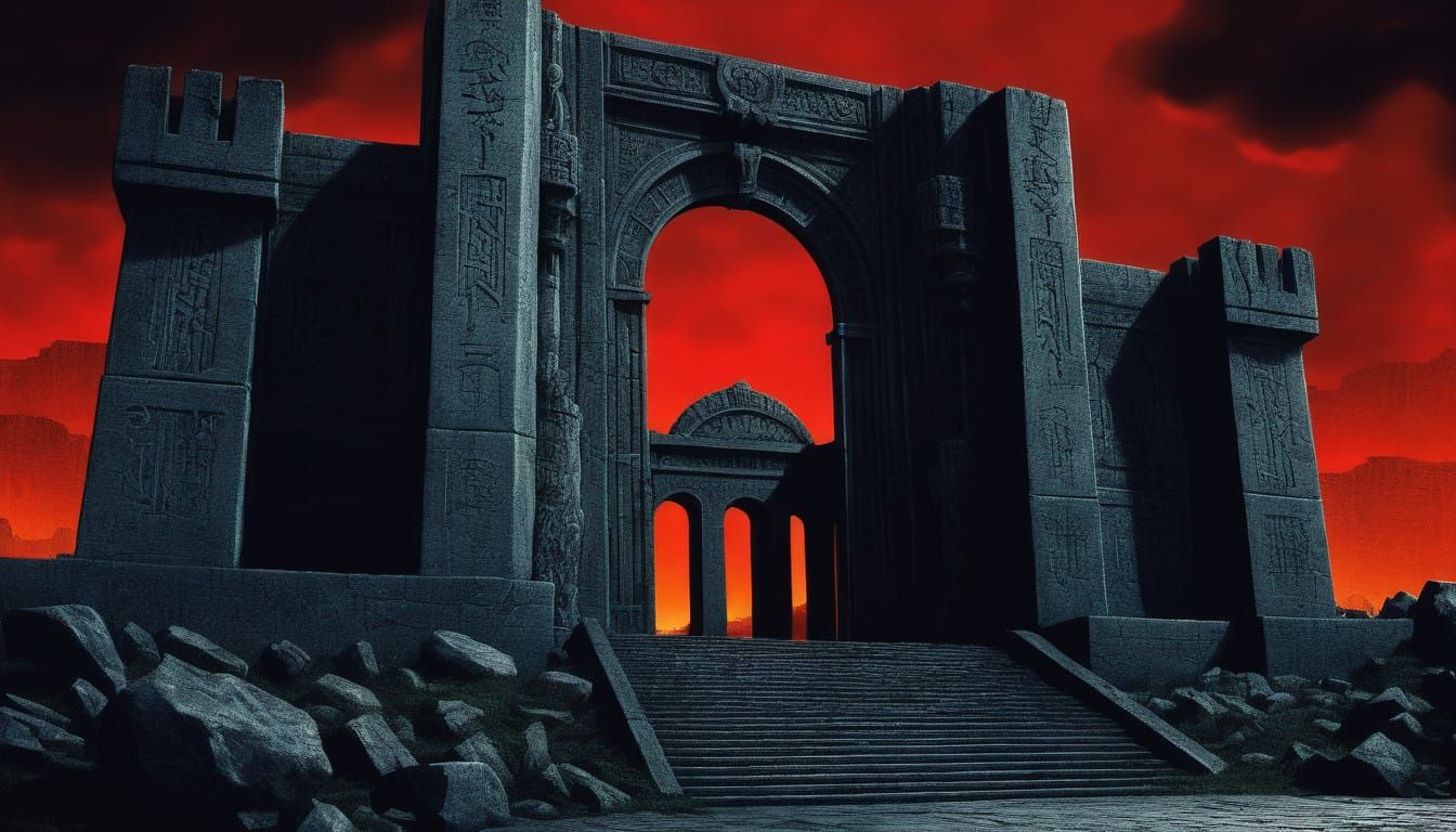 "A monumental brutalist concrete gate, inscribed with cryptic runes ...